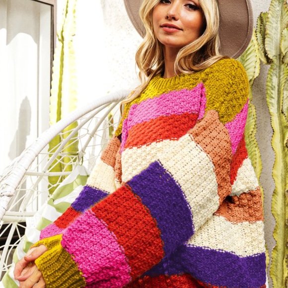 Shop_Fig | Sweaters | New Color Block Bright Striped Crochet Pullover ...